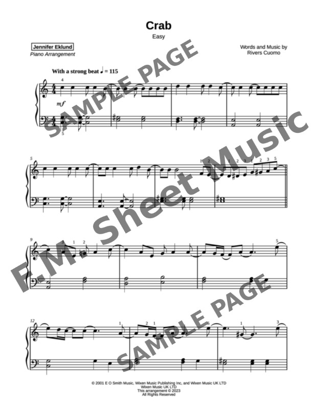 Crab (Easy Piano) By Weezer - F.M. Sheet Music - Pop Arrangements by Jennifer Eklund